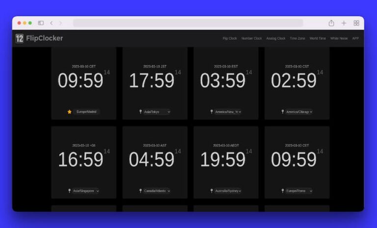 FlipClocker: reloj en línea con hora mundial y ruido blanco para relajarte